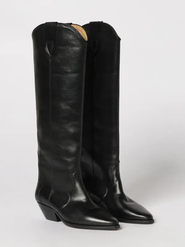 Isabel Marant Étoile Denvee Knee-high Western Boots In Smooth Calfskin Leather - Black