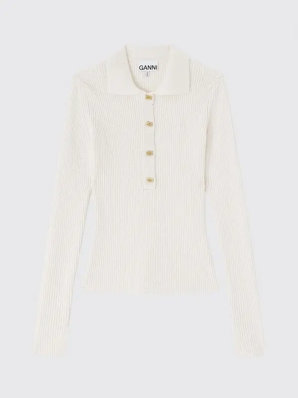 GANNI Knitted Wool Polo Shirt - Ivory