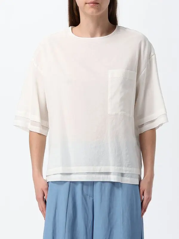 TELA Crewneck Short-sleeved Blouse With Dropped Shoulders And Patch Pocket - White