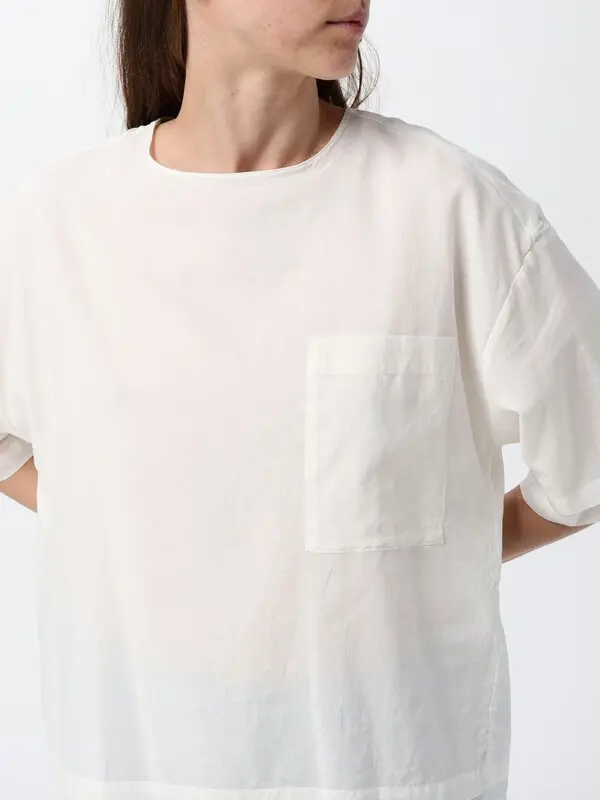 TELA Crewneck Short-sleeved Blouse With Dropped Shoulders And Patch Pocket - White