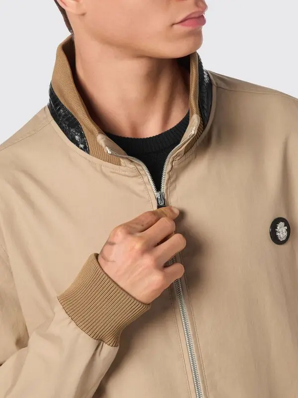 BILLIONAIRE Cotton Bomber Jacket With Python Leather Inserts - Beige