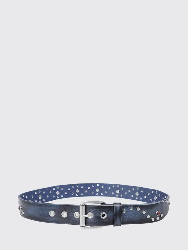 Our Legacy Leather Belt With Metal Eyelets And Abstract Embroidery - Black