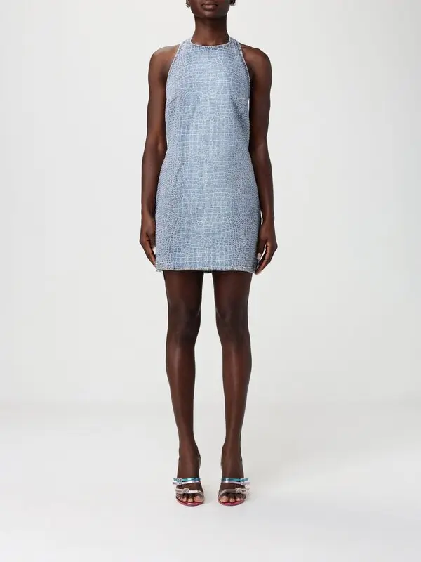 SELF-PORTRAIT Crocodile Print Denim Mini Dress With Rhinestone Embellishments