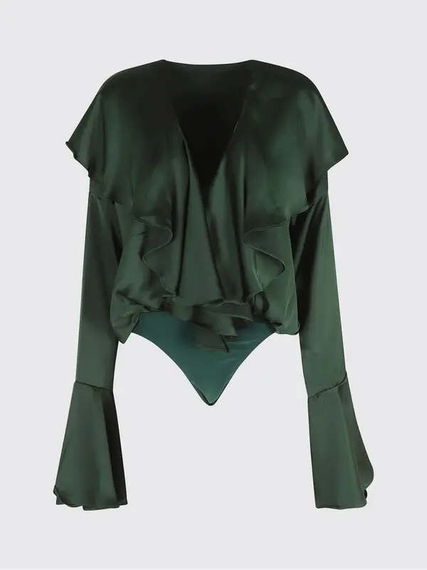 Norma Kamali Ruffled Satin Bodysuit Blouse