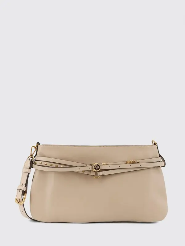 Pinko Embroidered Leather Shoulder Bag With Studs And Love Birds Logo - Beige