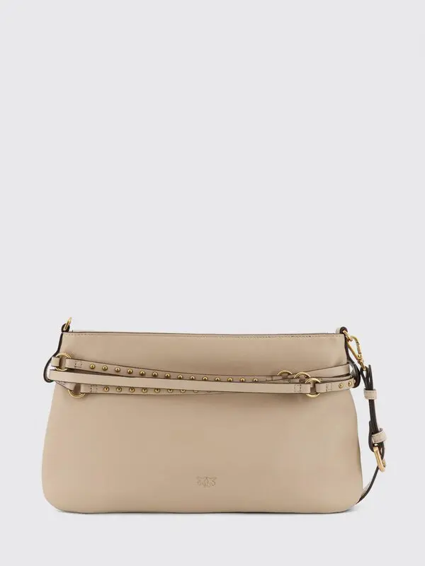 Pinko Embroidered Leather Shoulder Bag With Studs And Love Birds Logo - Beige