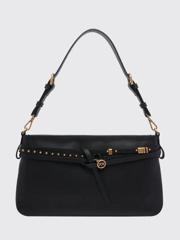 Pinko Leather Shoulder Bag With Stud Embellishments - Black