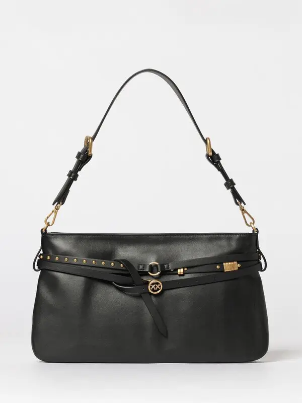 Pinko Embroidered Leather Shoulder Bag With Studs And Love Birds Logo - Black