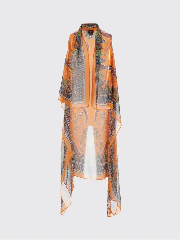 Etro Long Sheer Silk Vest With Ethnic Print And Asymmetrical Hem