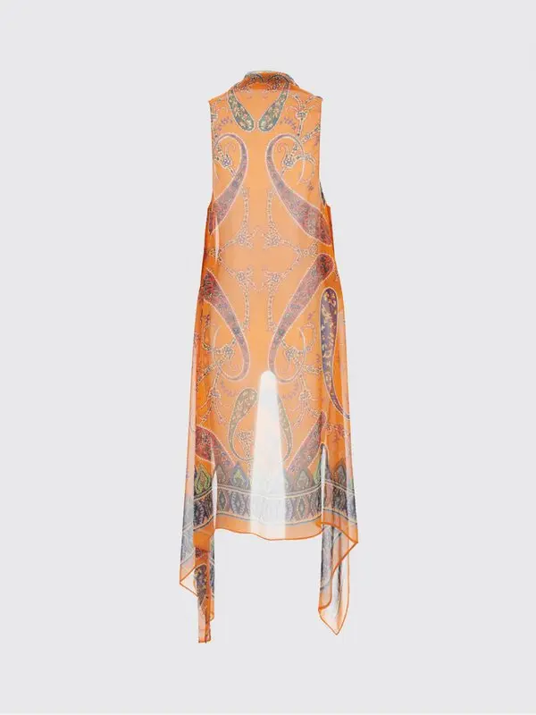Etro Long Sheer Silk Vest With Ethnic Print And Asymmetrical Hem