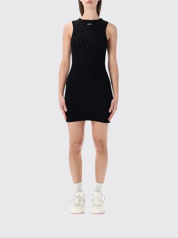Off-White Stretch Viscose Mini Dress With Rhinestones