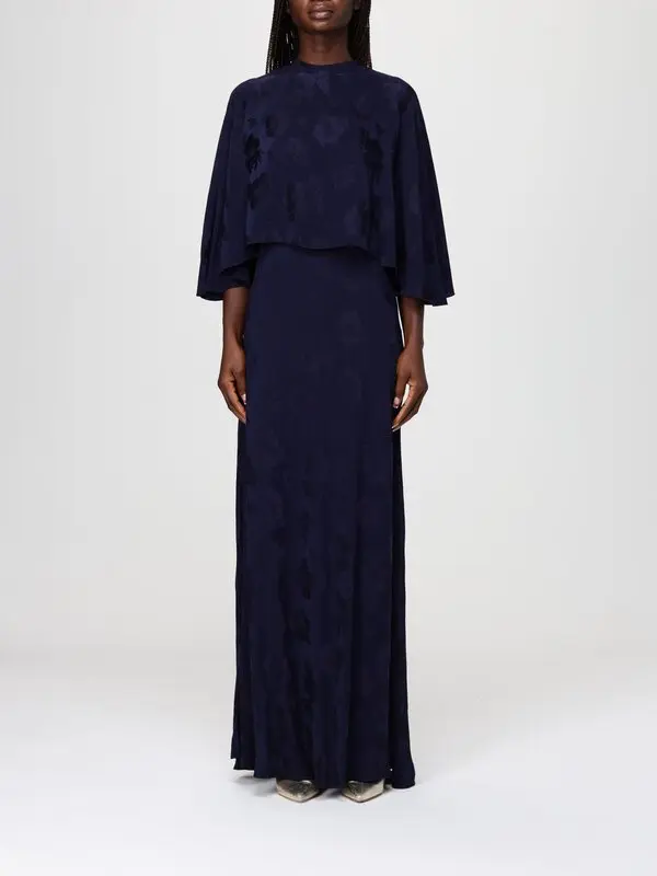 FORTE_FORTE Long Floral Print Satin Dress With Cape Effect - Blue 1