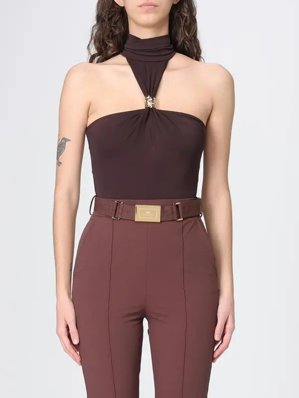 Elisabetta Franchi Cut-out Viscose Bodysuit Top - Brown