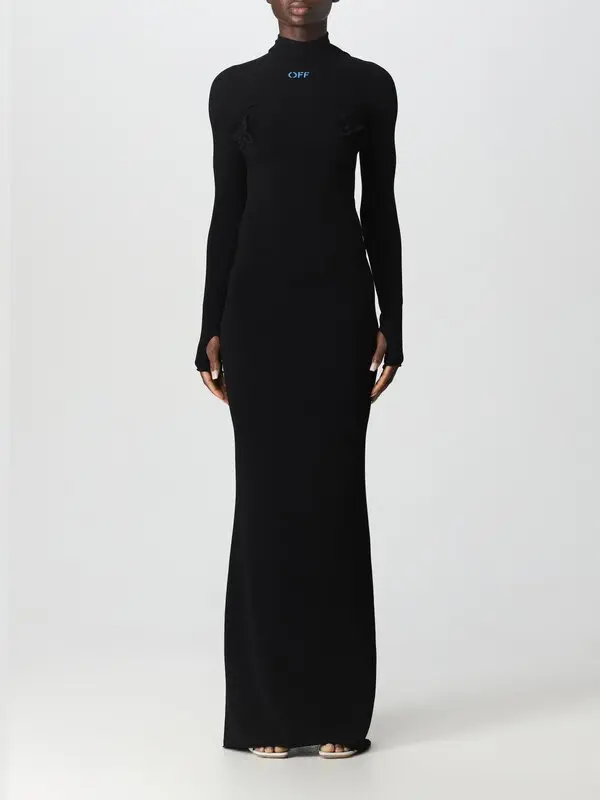 Off-White High Neck Maxi Dress With Floral Applique