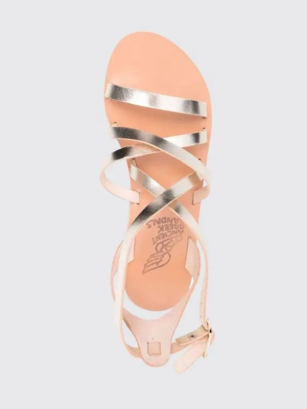 ANCIENT GREEK SANDALS Laminated Leather Flat Sandals With Ankle Strap - Silver