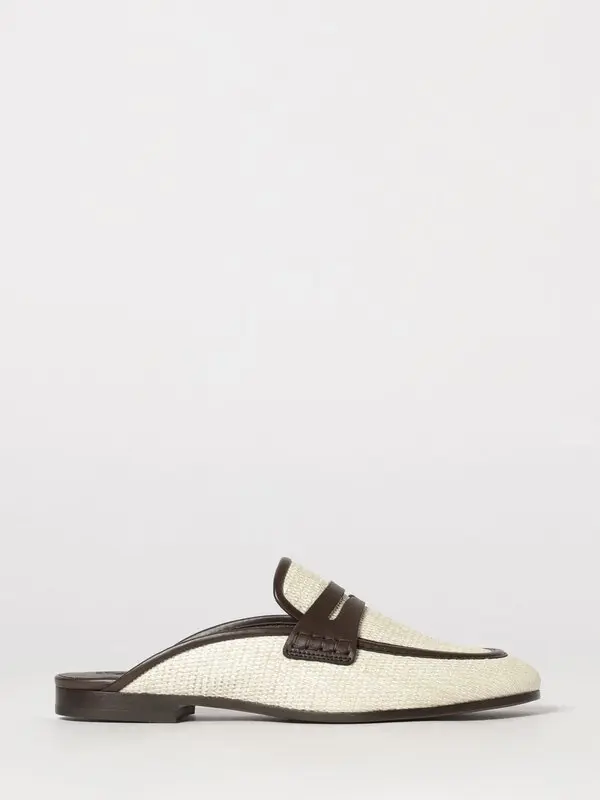 Brunello Cucinelli Bi-raffia And Leather Flat Mules With Penny Bar