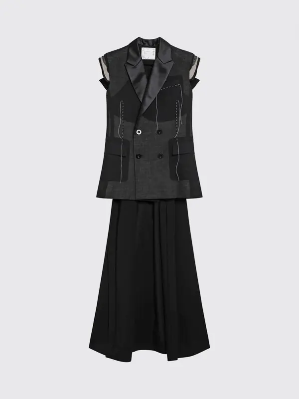 Sacai Long Double-breasted Patchwork Wool And Silk Tailored Vest