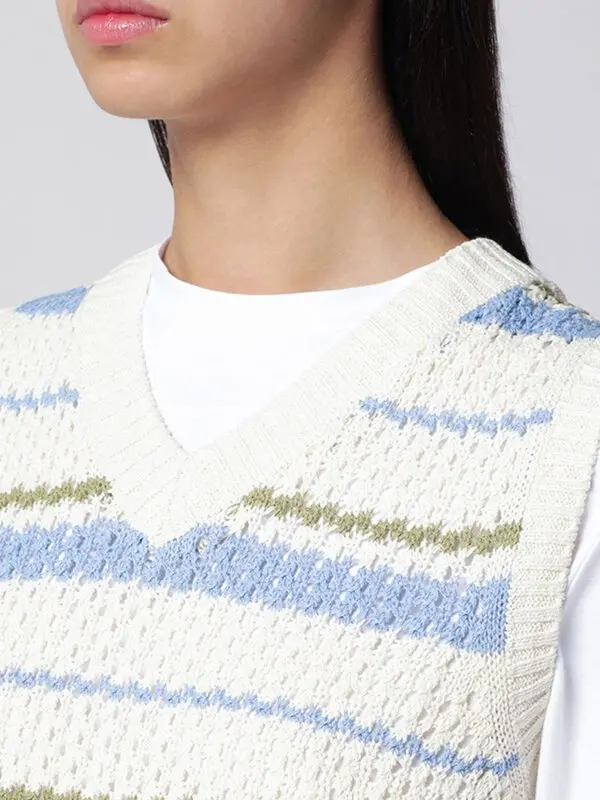DUNST Striped Cotton Knit V-neck Vest - Blue