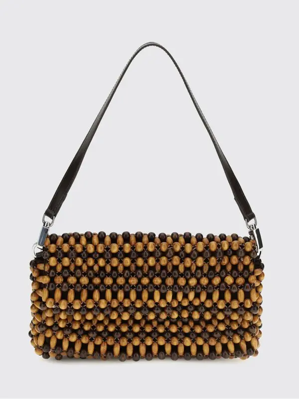 Staud Timmy Beaded Wood Shoulder Bag With Removable Leather Handle - Brown