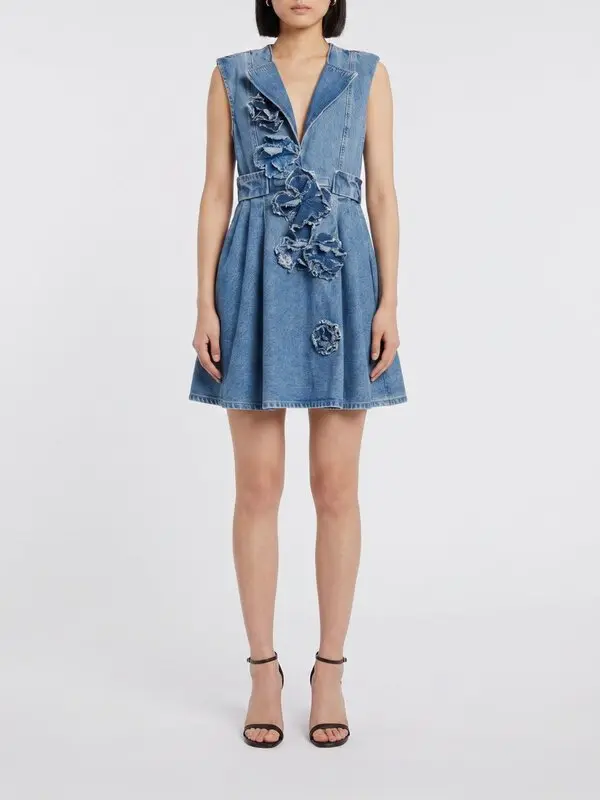 GANNI A-line Mini Dress In Recycled Denim With Floral Appliqués - Blue