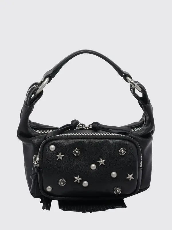 MARGESHERWOOD Mini Leather Hobo Bag With Studs, Fringes And Star Embroidery - Black