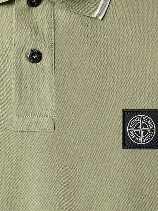 Stone Island Cotton Polo Shirt With Compass Logo And Contrast Striped Collar - Military