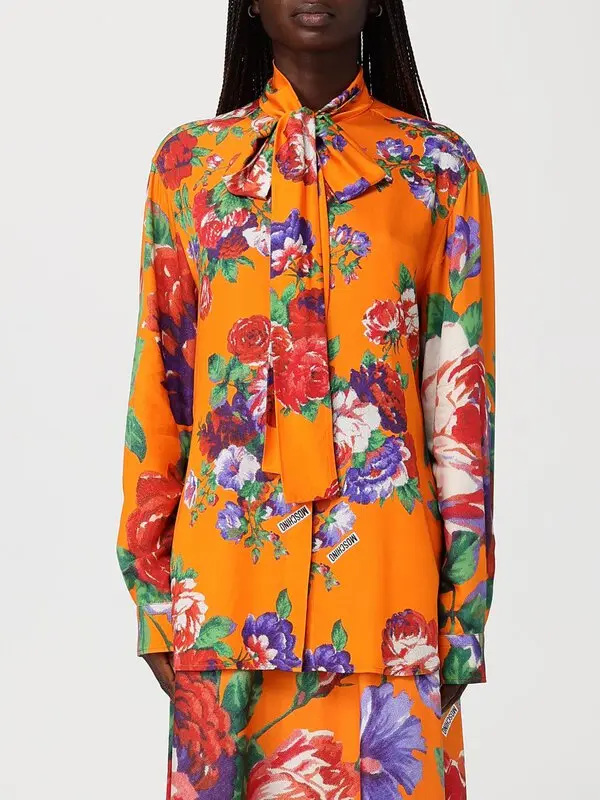 Moschino Viscose Shirt With Pussy Bow And Floral Print - Orange