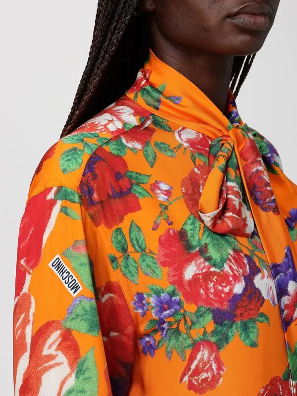 Moschino Floral Viscose Blouse With Pussy-bow Collar - Orange