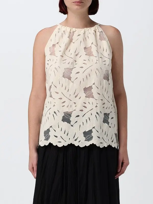 Emporio Armani Cotton And Polyamide Tulle Tropical Floral Top - Ivory