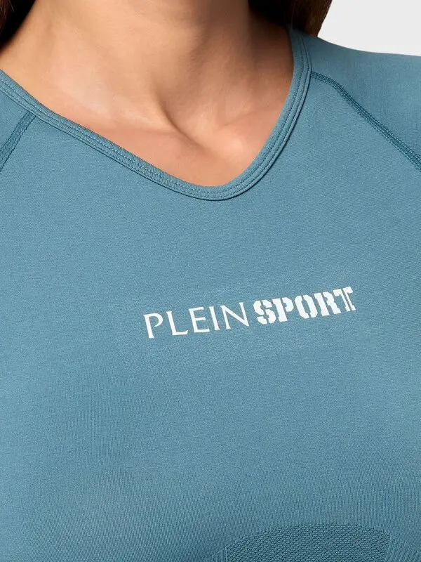 PLEIN SPORT Cropped Technical Stretch V-neck Top - Gnawed Blue