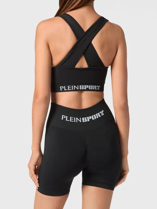 PLEIN SPORT Technical Stretch Fabric Crop Top With Crisscross Back Straps - Black