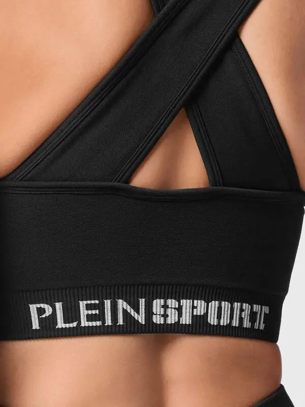 PLEIN SPORT Technical Stretch Fabric Crop Top With Crisscross Back Straps - Black