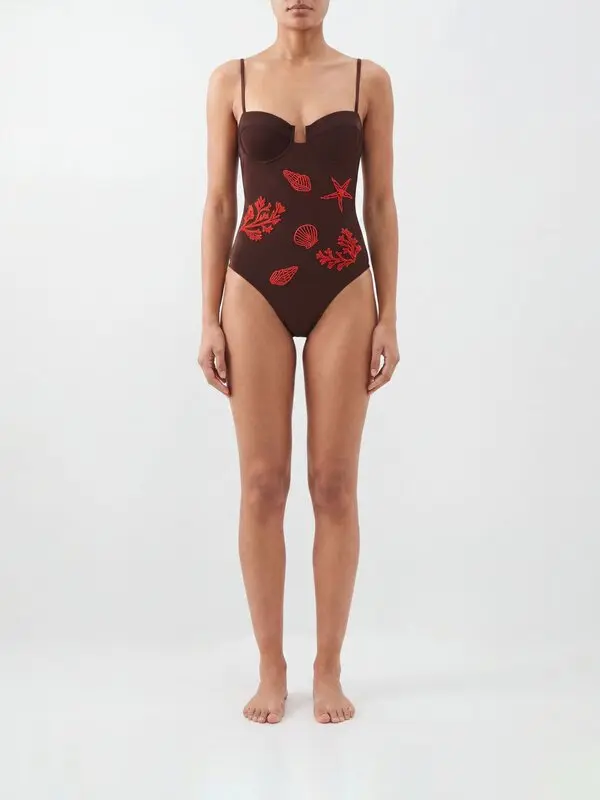 MC2 SAINT BARTH Sweetheart Neckline One-piece Swimsuit With Bead Embroidery - Brown