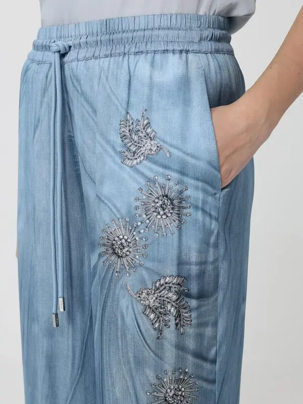 Pinko Cotton Palazzo Trousers With Jewel Print - Gnawed Blue