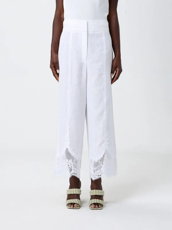 TWINSET Linen Cropped Trousers With Lace Inserts - White