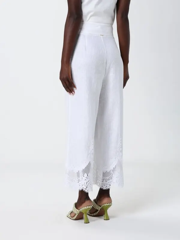 TWINSET Linen Cropped Trousers With Lace Inserts - White