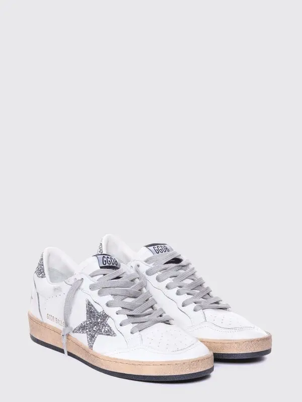 GOLDEN GOOSE Ball Star Leather Sneakers With Glitter Logo And Distressed Effect