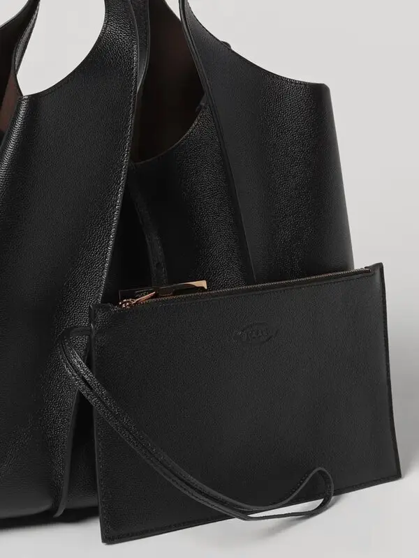TOD'S T Timeless Grained Calfskin Shopping Bag With Logo - Black