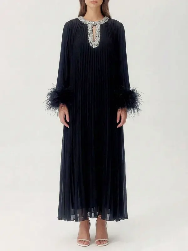 SELF-PORTRAIT Pleated Chiffon Dress With Crystal Embellishments And Feather Cuffs
