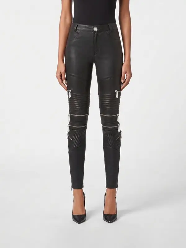 Philipp Plein Skinny Fit Leather Pants With Zip Detail
