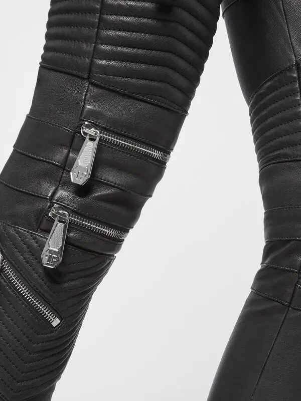 Philipp Plein Skinny Fit Leather Pants With Zip Detail