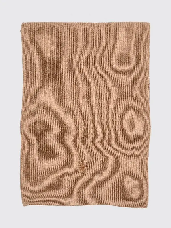Polo Ralph Lauren Ribbed Pure Wool Scarf With Embroidered Pony Logo - Camel
