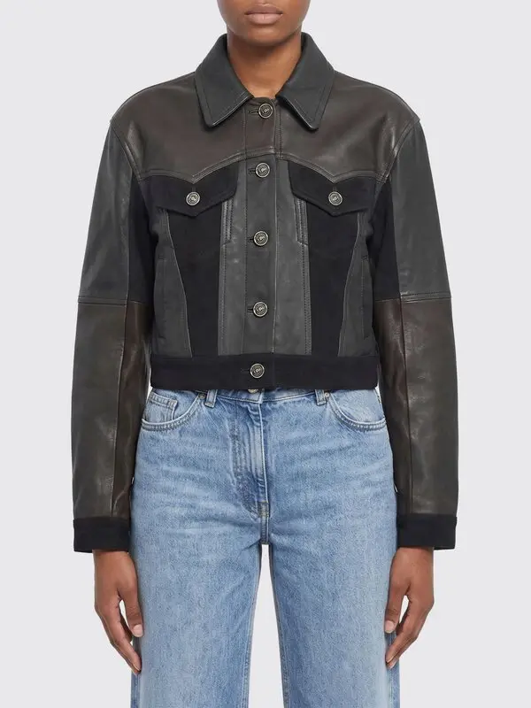 Versace Cropped Leather Jacket With Classic Collar