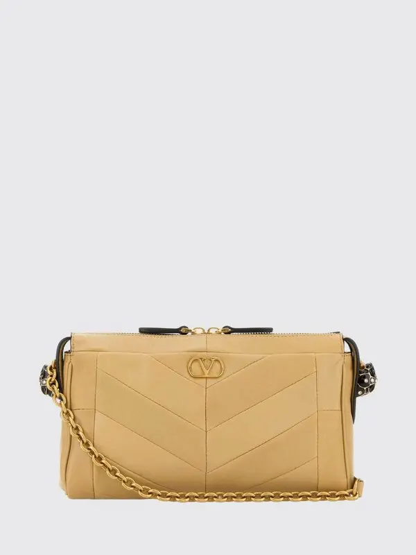 Valentino Garavani Panthea Chevron Leather Shoulder Bag With Vlogo And Rhinestones - Beige