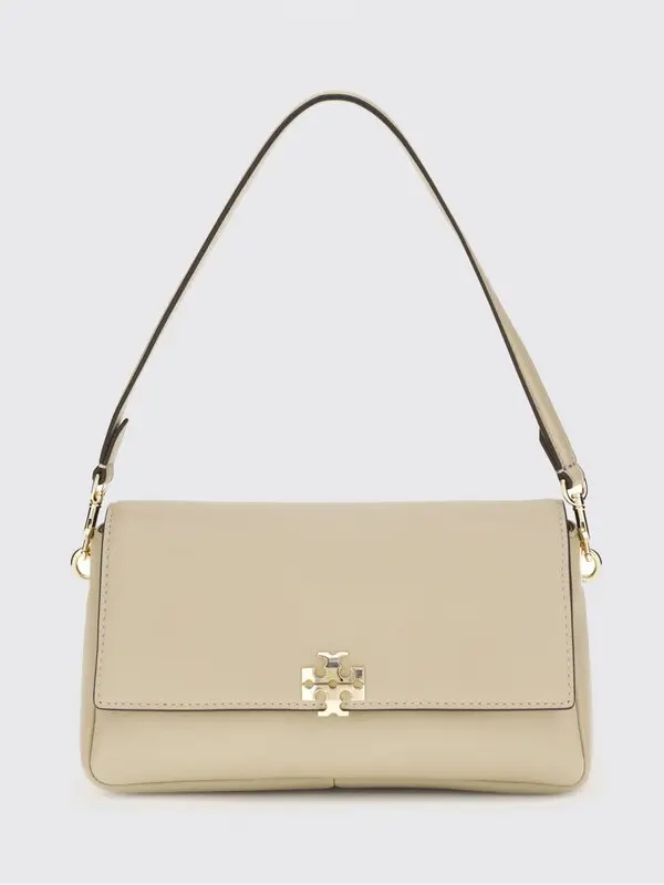 Tory Burch Charlie Leather Shoulder Bag With Double T Logo And Removable Strap - Grey