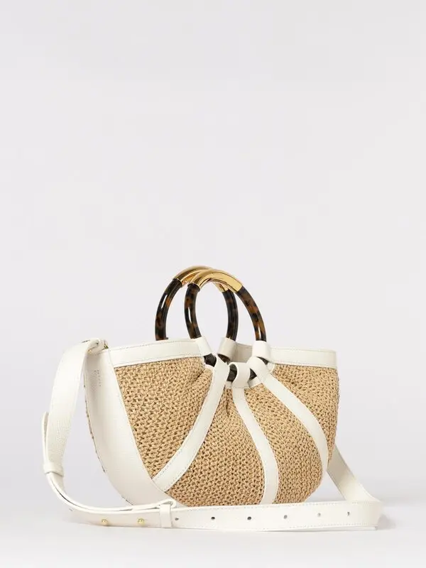 COCCINELLE Shell Medium Bag In Crochet Raffia And Hammered Leather - Pearl
