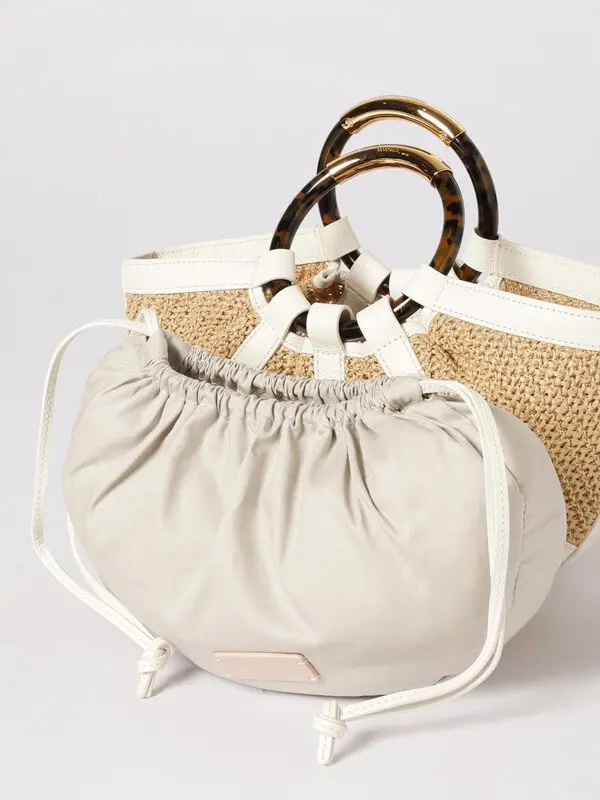COCCINELLE Shell Medium Bag In Crochet Raffia And Hammered Leather - Pearl