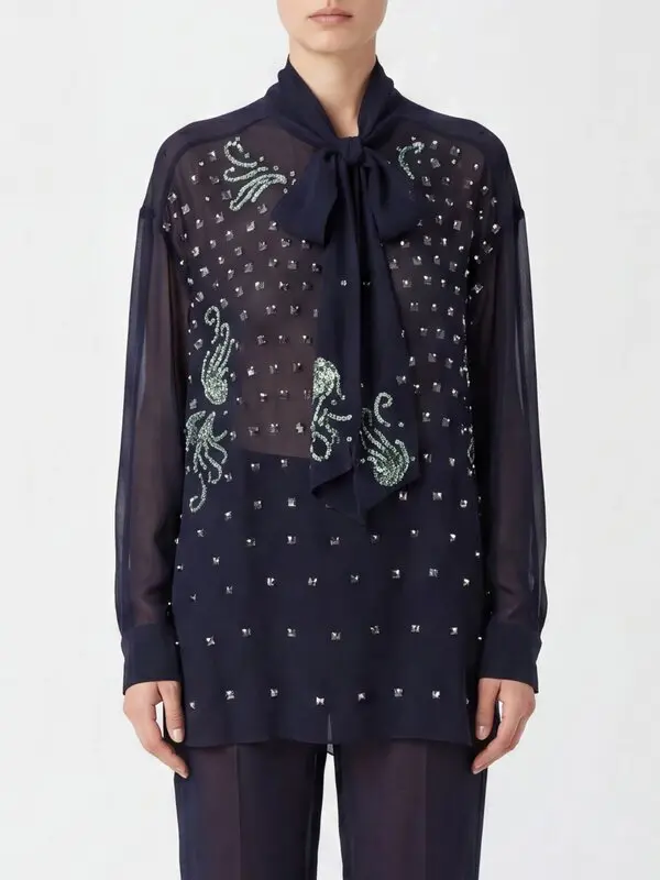 Dries Van Noten Embellished Viscose Blouse With Scarf Neck - Blue