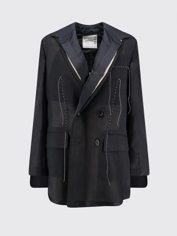 Sacai Cropped Double-breasted Wool Blend Blazer With Patchwork Design