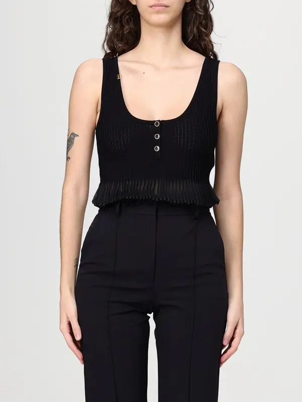 Elisabetta Franchi Knitted Cropped Top With Frilled Hem - Black
